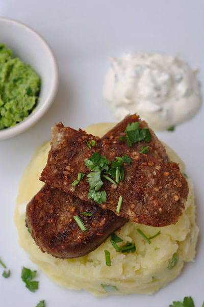 White Pudding with Champ Potatoes and Pea Puree - Gimme The Recipe ...